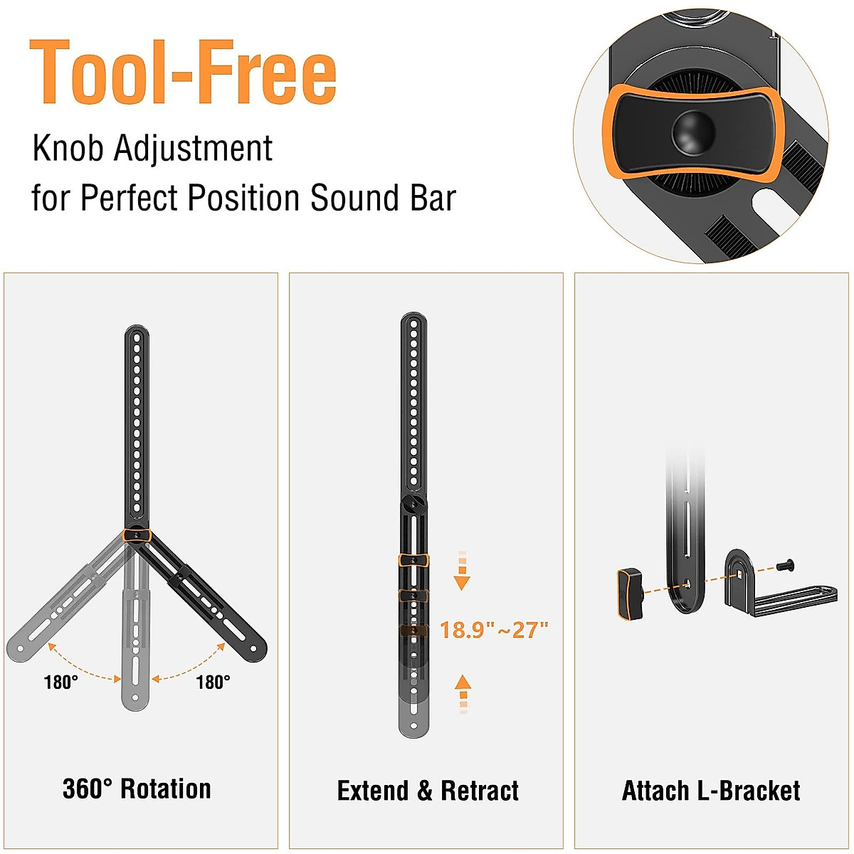 ELIVED Soundbar Mount, Sound Bar TV Bracket, for Mounting Above or Under TV, Fits Most Sound Bars Up to 15 Lbs, Tool-Free Knob Adjustable, for 23-90" TVs with Detachable Extension Arms and L-Brackets