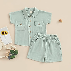 Toddler Baby Boys 2Pcs Linen Short Sleeve Outfits Set Color Block Button Down T-Shirt Elastic Shorts with Pockets (Light Green, 12-18 Months)