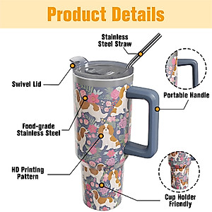 Cavalier King Charles Spaniel Gifts for Women Dog Lovers 40 oz Floral Cavalier King Charles Spaniel Tumblers with Handle and Straw, Stainless Steel Vacuum Insulated Travel Coffee Mug Cup Water Bottle