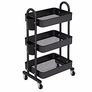 LEGUANG 3-Tier Rolling Utility Cart Storage Shelves Multifunction Storage Trolley Service Cart with Mesh Basket Handles and Wheels Easy Assembly for Bathroom, Kitchen, Office (Black)