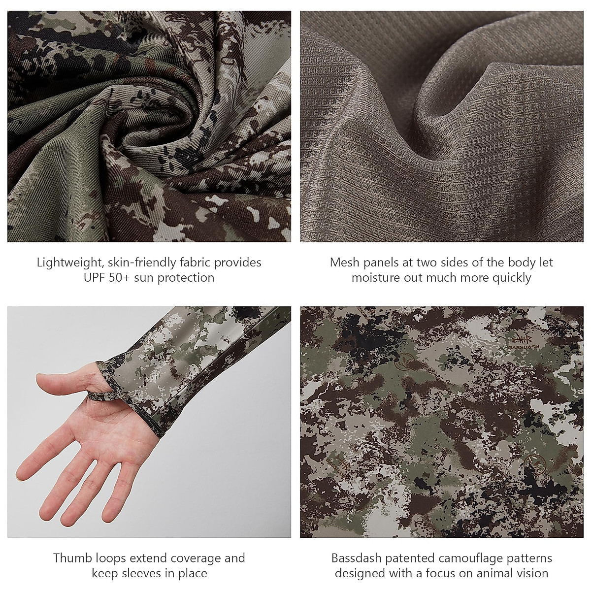 BASSDASH Men's UPF 50+ Lightweight Hunting Camo Hoodie Quick Dry Performance Long Sleeve Fishing Shirt with Hood FS30M