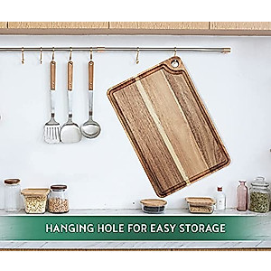 AZRHOM Large Wood Cutting Board for Kitchen 18x12 with Juice Groove Handle Non-slip Mats Hanging Hole for Meat Vegetables Cheese Chopping Board Butcher Block (Acacia)