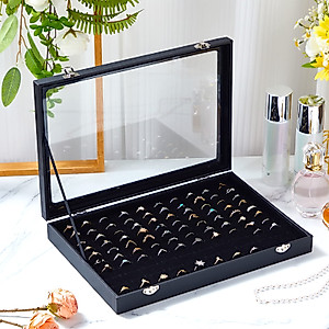 Yinkin 2 Pcs 100 Slots Ring Organizer Box with Transparent Glass Lid Necklace Display Tray Ring Case Velvet Jewelry Holder (Black,Ring)