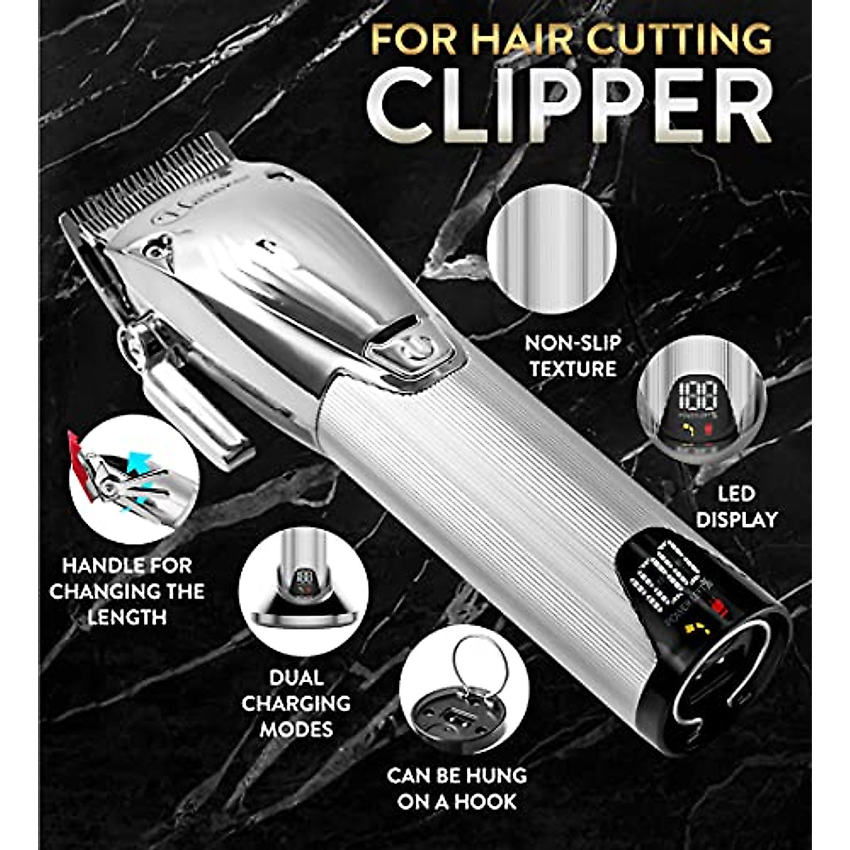 Hair Clippers for Men Professional Cordless Beard Trimmers Barbers Cutting Tools USB Rechargeable Personal Haircutting Kit Set with Whisper Quiet Operation(Silver)