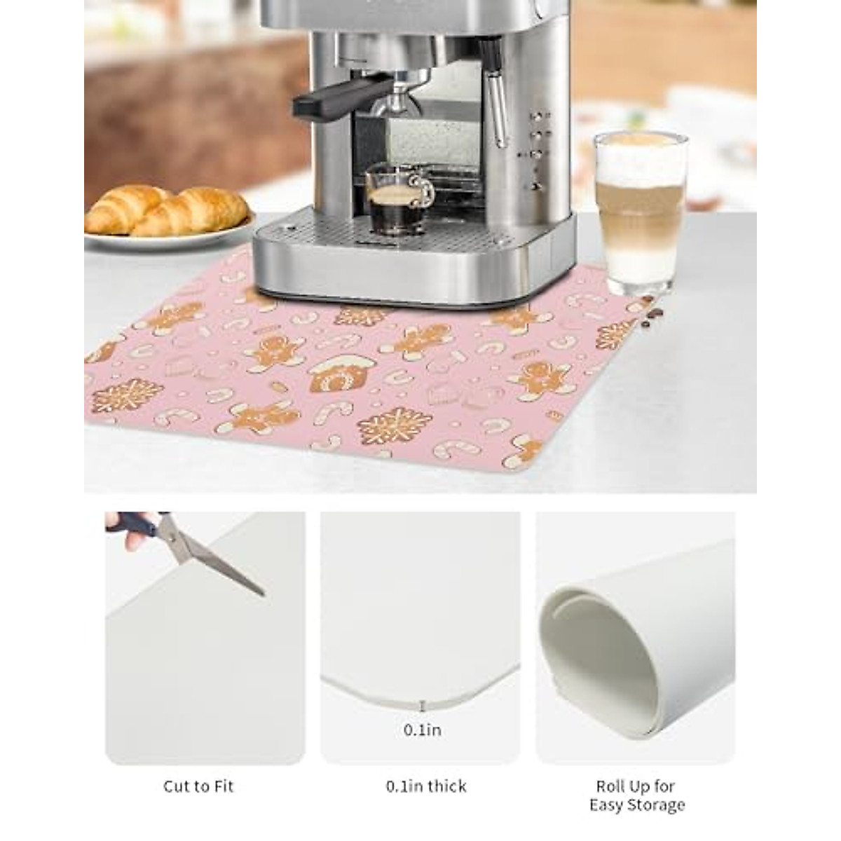 Coffee Mat for Counter, Christmas Cute Gingerbread Man Pink Absorbent Hide Stain Coffee Bar Mat, Non-slip Coffee Bar Accessories Kitchen Drying Mat Fit Under Coffee Maker Espresso Machine