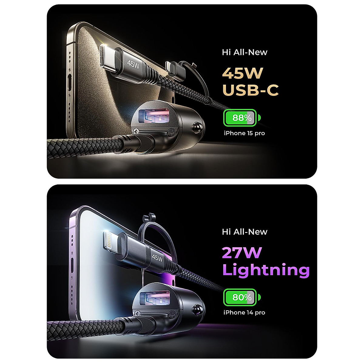 LISEN 90W iPhone 15 Car Charger, 45WPD+QC3.0 Fast Charging Cigarette Lighter USB Charger with 2-IN-1 Type C/Lightning Coiled Cable 5FT, Certified USB C Car Charger for iPhone 15 Pro Max 14/Samsung S23