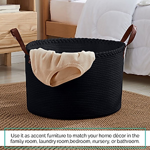 Organizix XLarge Round Cotton Rope Storage Basket Bin Organizer Laundry Hamper with Leather Handles, 21 x 21 x 14, Extra Large Blanket Woven Toy Basket for Baby Nursery - Black