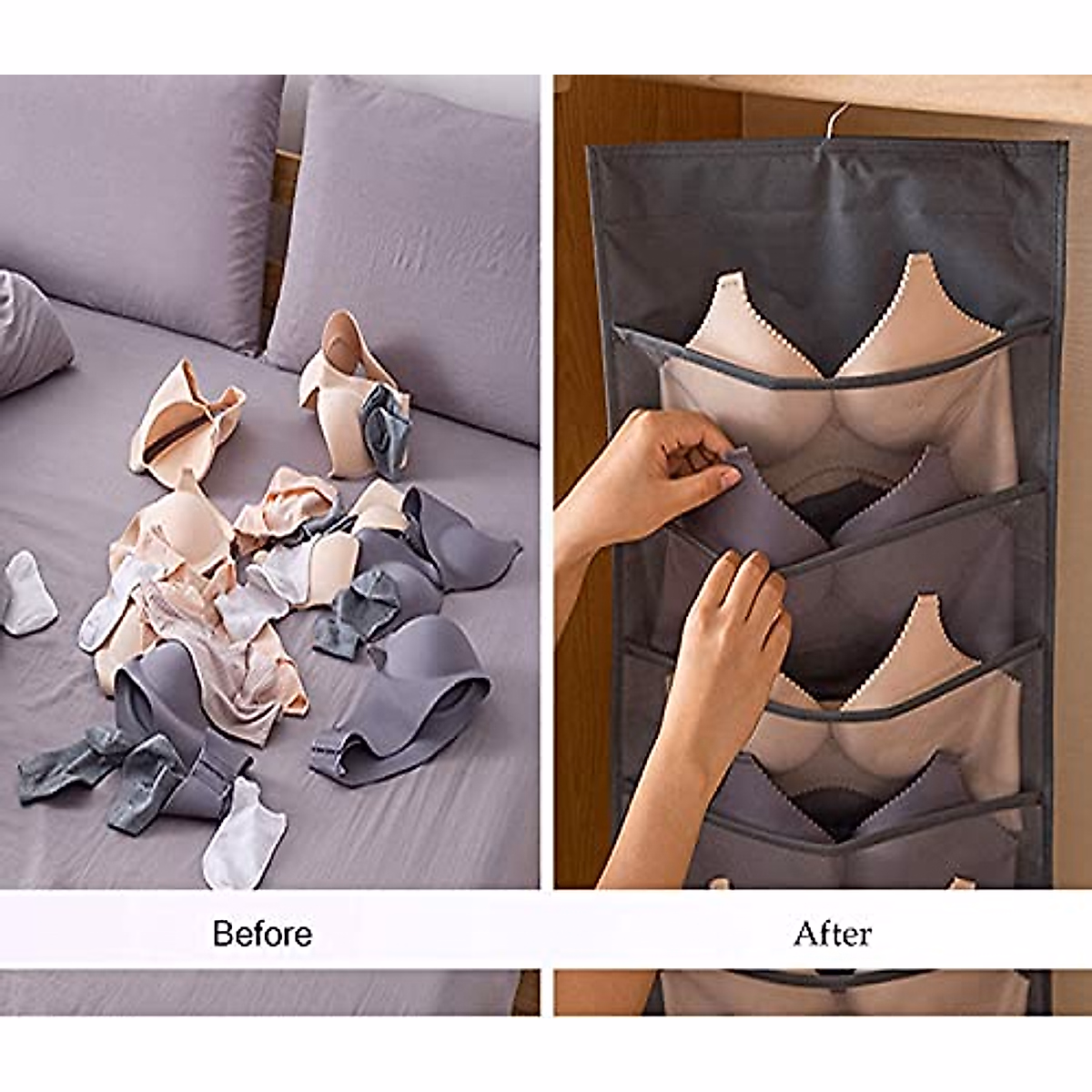 ST-BEST-P Bra and Underwear Hanging Storage Organizer Mesh Pockets Dual Sided Wall Shelves Space Saver Bag Sock Underpants Drawer Closet Clothes Rack (Gray:(5+10pockets))