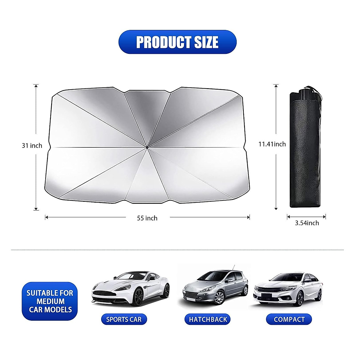 Sodcay 1 PC Car Windshield Sun Shade Umbrella, Foldable Sun Shade Car Sun Visor Protector Reflector Car Accessories Interior for UV Ray Block and Sun Heat Protection (31" x 55")