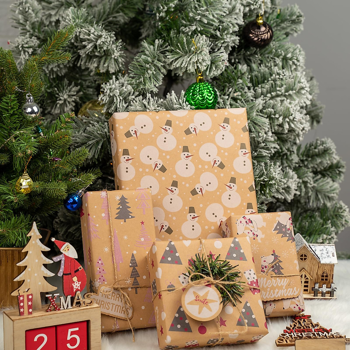 BIOBROWN Christmas Wrapping Paper Large Sheet Kraft Wrapping Paper for Christmas Folded Flat 27.5 inch X 39.4 inch per Sheet Total 4 Sheets