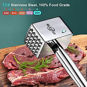 SUCCFLY Meat Tenderizer Stainless Steel, Heavy Duty Meat Hammer, Kitchen Meat Mallet, Meat Pounder Flatterner Weighted Hammer Extended Handle for Labor-saving Chicken Steak Meat Tenderizer Tool(1.6LB)
