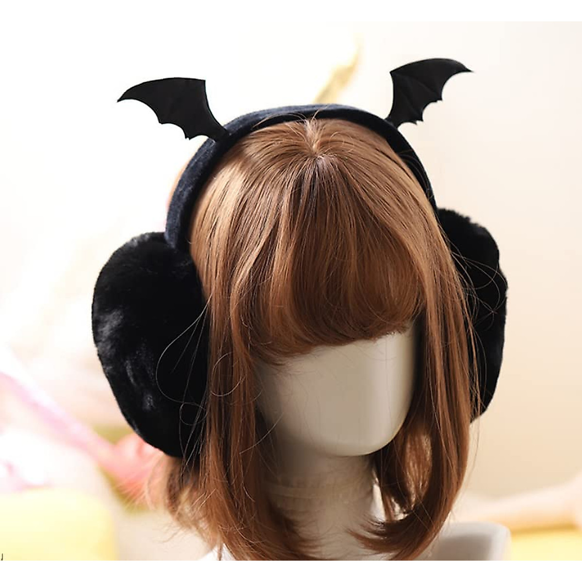 Kawaii Cute bat wing Ear muffs Faux Fur Warm Earmuffs Cute Outdoor Ear Warmers Black Women Girls Christmas Party Halloween (bat wing earmuff black)