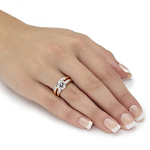 PalmBeach 18k Gold-Plated or Platinum-Plated Sterling Silver Round CZ Two Tone 2 Piece Bezel Set Bridal Ring Set Size 9