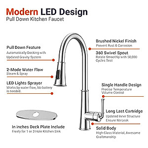Kitchen Faucet with Pull Down Sprayer - LEPO Kitchen Sink Faucet with Led Light, Brushed Nickel, High Arc Commercial Stainless Steel Pull Out Rv Kitchen Faucet Bar（No Batteries Required）