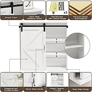 Wood Storage Wall Cabinet,Bathroom Hanging Cabinet with Sliding Barn Door and 3 Tiers Adjustable Shelf, Medicine Cabinet or Farmhouse Storage Wall Cabinet for Kitchen, Bathroom, Living Room,White