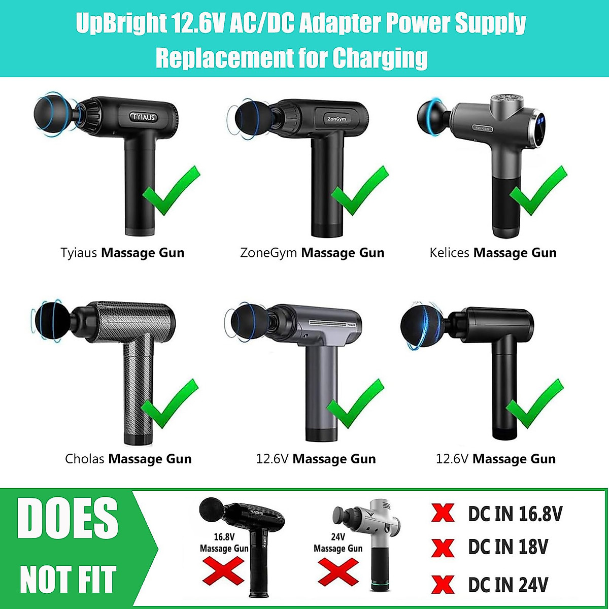 UpBright 12.6V AC/DC Adapter Compatible with Cholas KZD02 30 Speed Deep Tissue Massage Gun Percussion Body Muscle Therapy Massager 12.6VDC 0.8A DC12.6V 800mA Power Supply Cord Battery Charger w/Barrel