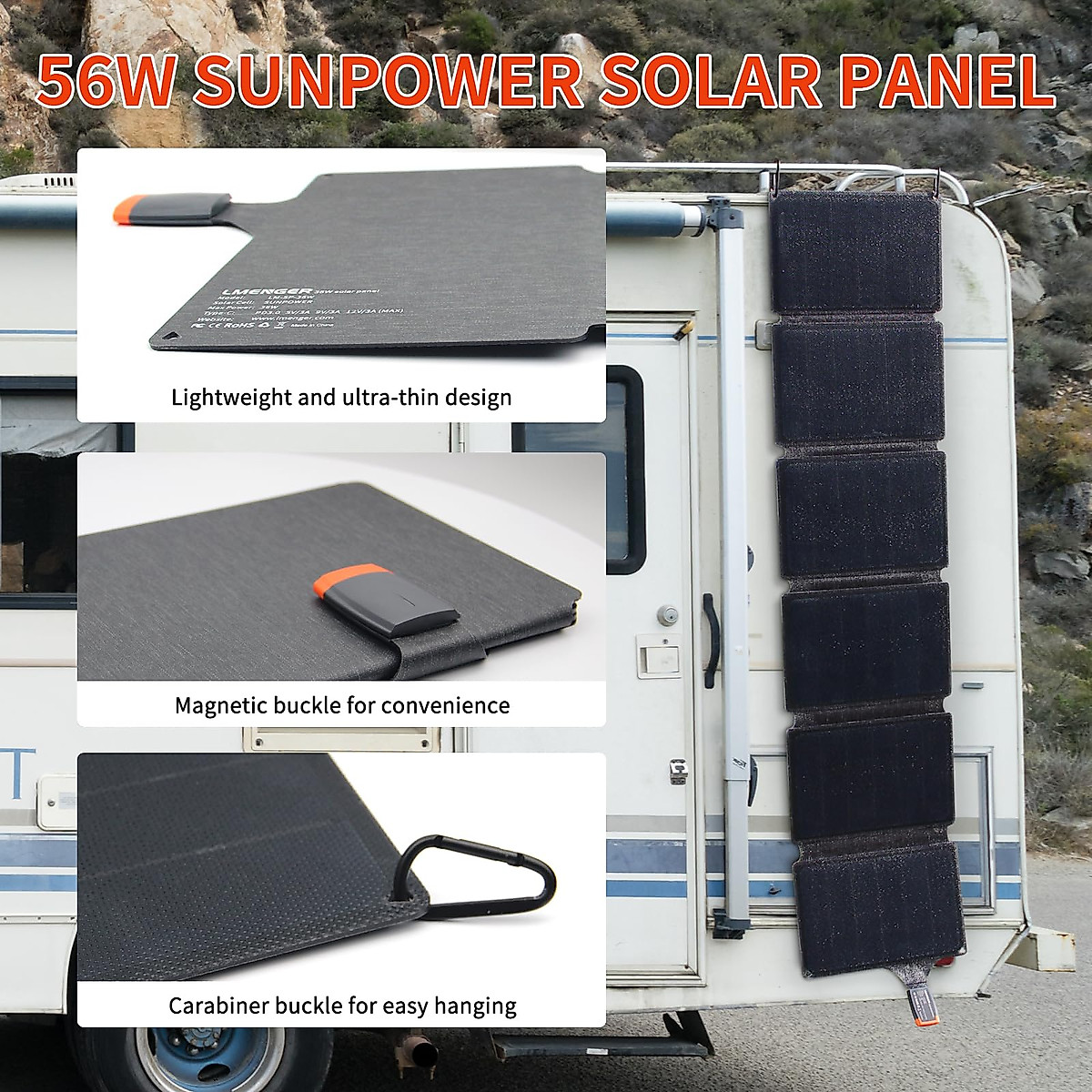 56W Portable Solar Panel with Type-C PD 3.0/QC 3.0 Fast Charging, IP67 Waterproof SunPower Folding Solar Panel for Camping Hiking Backpacking Fishing