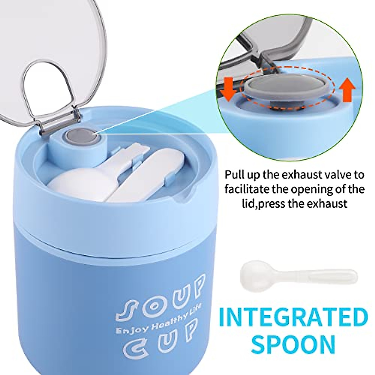 Reastar Insulated Food Container, 18 Ounce Stainless Steel Kids Adult Thermo for Hot Food, Vacuum Insulated Food Jar with Folding Spoon, Leak Proof, only for children 3 years above, Blue