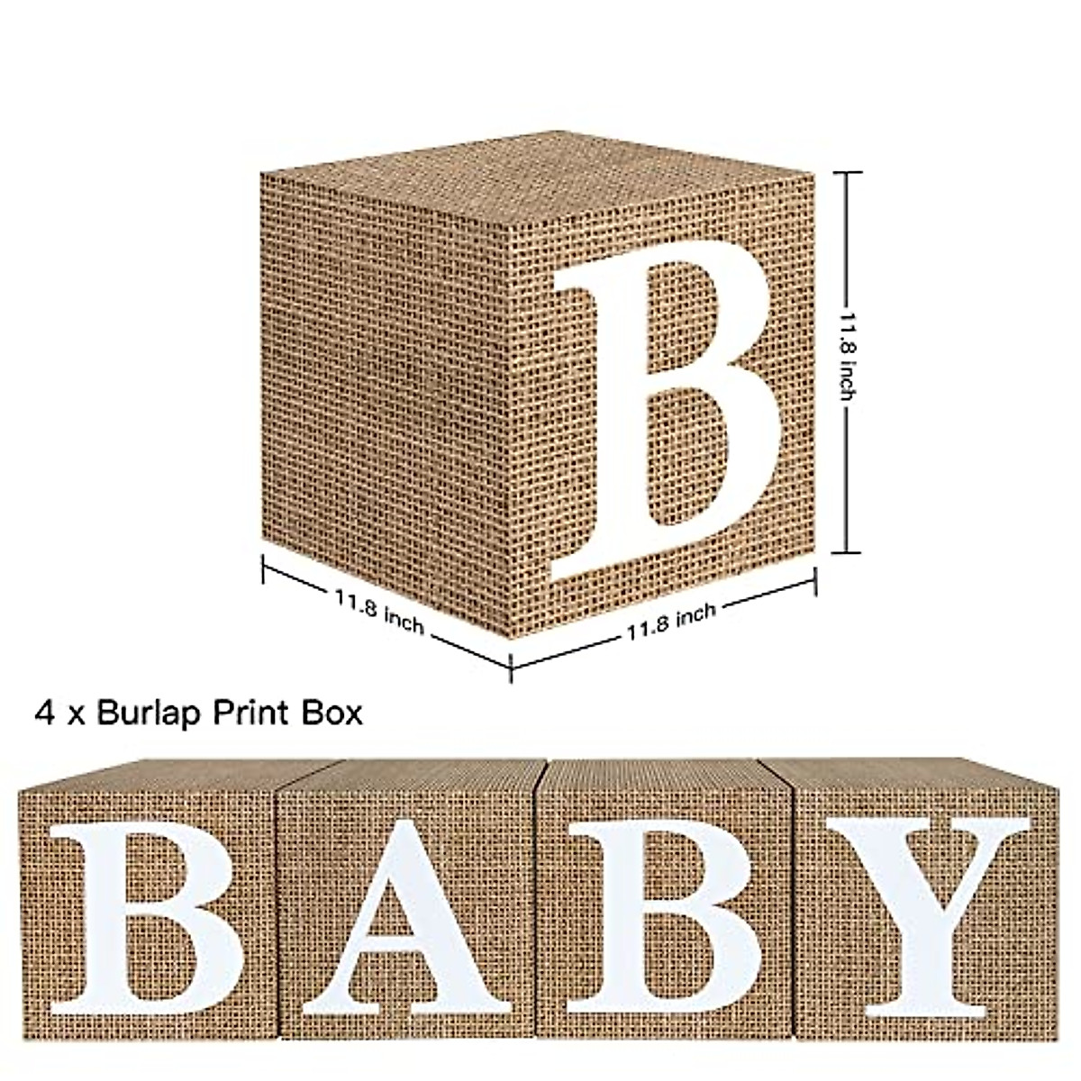 Burlap Print Baby Shower Boxes for Gender Reveal Party Gender Neutral Baby Shower Centerpiece Decor - 4 Pcs Burlap Grain Baby Cubes Baby Blocks with Letters, Rustic Baby Shower Decorations
