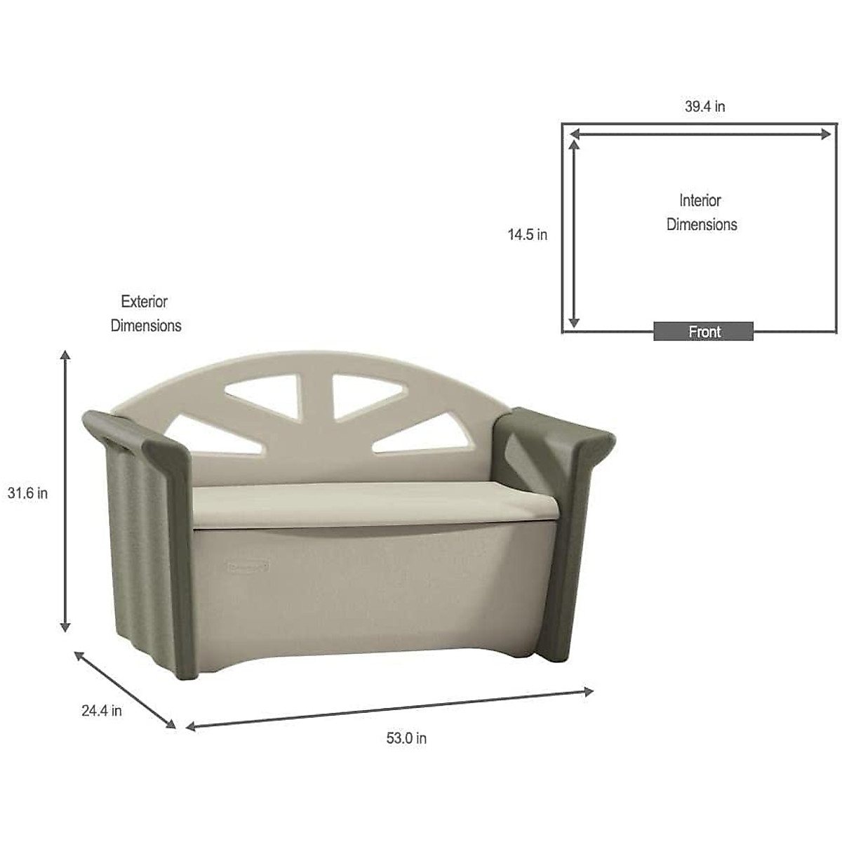Rubbermaid Resin Weather Resistant Deck Box Bench, 4' L x 2'1" W x 3' H, Olive/Sandstone, Storage for Garden/Pool Accessories/Cushions, Indoor/Outdoor Home Organization Bin