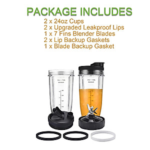 [Upgraded] Replacement 24oz Nutri Ninja Blender Cup, 24oz Cups with 7 Fins Replacement Extractor Blade Parts fit Ninja Auto iQ BL682-30 BL642-30 BL450-30 BL455-30 BL456-30 BL482-30 BL687CO-30 etc.