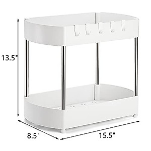 Dicunoy Under Sink Organizer and Storage, Plastic Under Cabinet Shelf for Bathroom, Multi-Purpose White 2 Tier Counter Side Organizer Bins with Hooks for Kitchen, Coffee Bar, Office, Table