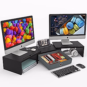 ORLALAR Dual Computer Monitor Stand with Drawer, Office Supplies Desktop Organizer Stand 3 Shelf Monitor Riser with Adjustable Length and Angle, Home Office Desk Accessories, Black