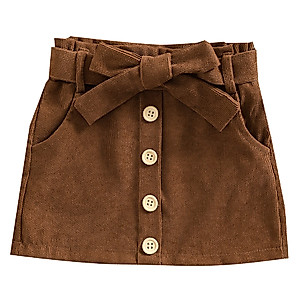 Mubineo Toddler Baby Girl Basic Plain Corduroy Button Skirt Casual Mini Skirts with Belt (Brown, 4T)