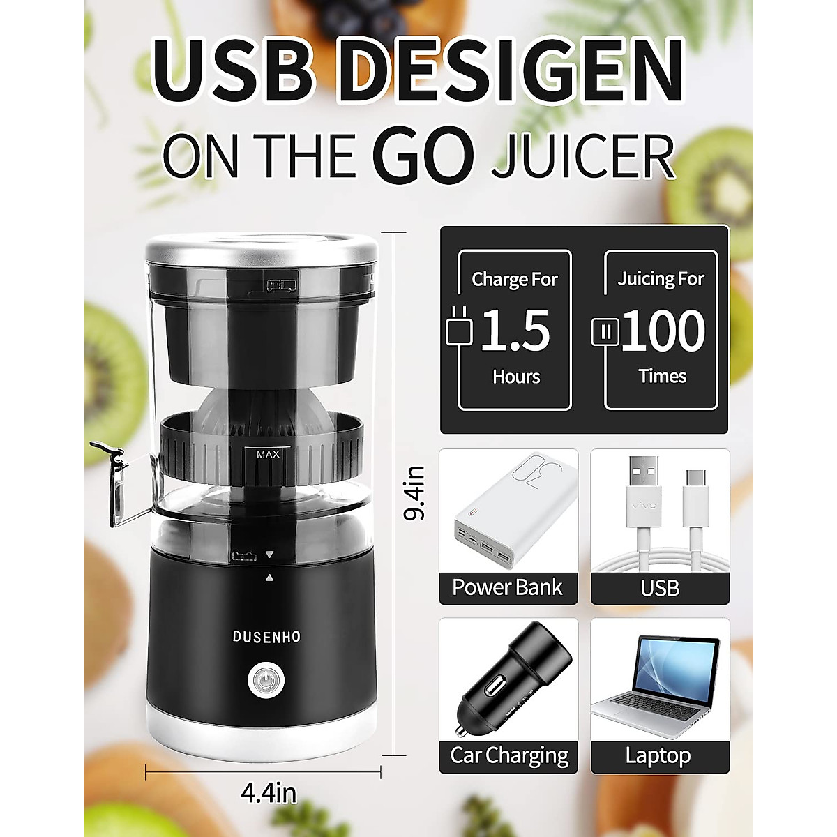 Citrus Juicer Machines Rechargeable - Portable Juicer with USB and Cleaning Brush for Orange, Lemon, Grapefruit（Update）