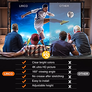 LINCO Projector Screen with Stand, 150inch Outdoor Movie Projector Screen 4K HD 16: 9 Wrinkle Free Design for Backyard Movie Night (Easy to Clean, 1.1Gain, 160° Viewing Angle & A Carry Bag)