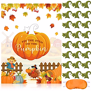 Faccito Thanksgiving Party Games Pin The Stem on The Pumpkin with Blindfold Thanksgiving Gift and Activities Fall Autumn Harvest Pumpkin Pin Game Turkey Poster Thanksgiving Party Supplies
