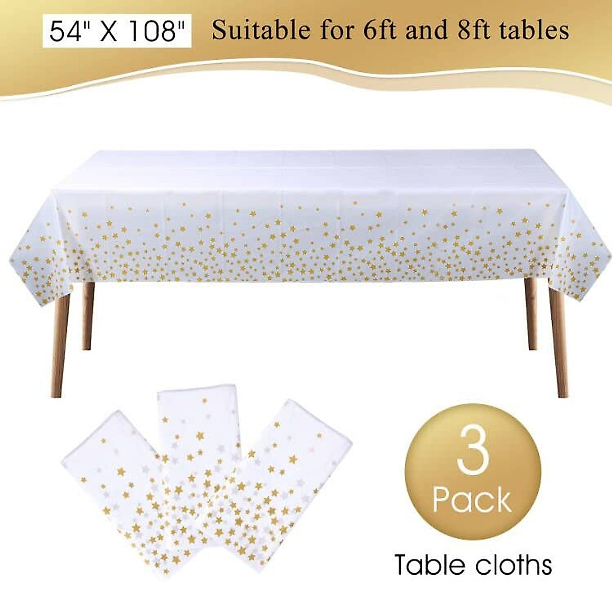 LCPCX 3-Piece Disposable Plastic Rectangle Tablecloth,Fitted Table Clothes for 6 Foot and 8 Foot Tables,Gold Star Pattern Party Decorations,54x108 Inch,White (Golden Star)