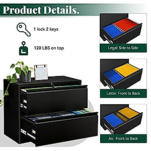 INTERGREAT Lateral File Cabinet with 2 Drawer, Black Lateral Filing Cabinet with Lock, Metal Steel Black File Cabinets for Home Office