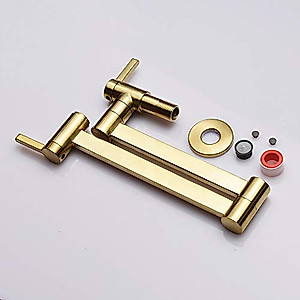 KATAIS Pot Filler Faucet Wall Mount Kitchen Sink Folding Faucet Double Joint Swing Arm Extended Spout Two Shut Off Handle Brass Brushed Gold Finish