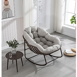Outdoor Rocking Chair, Patio Oversized Wicker Egg Rocking Chair, Indoor & Outdoor Comfy Rocker Chair with Thick Cushion, Modern Lounge Chair for Balcony, Front Porch, Garden, Backyard, Deck, Beige