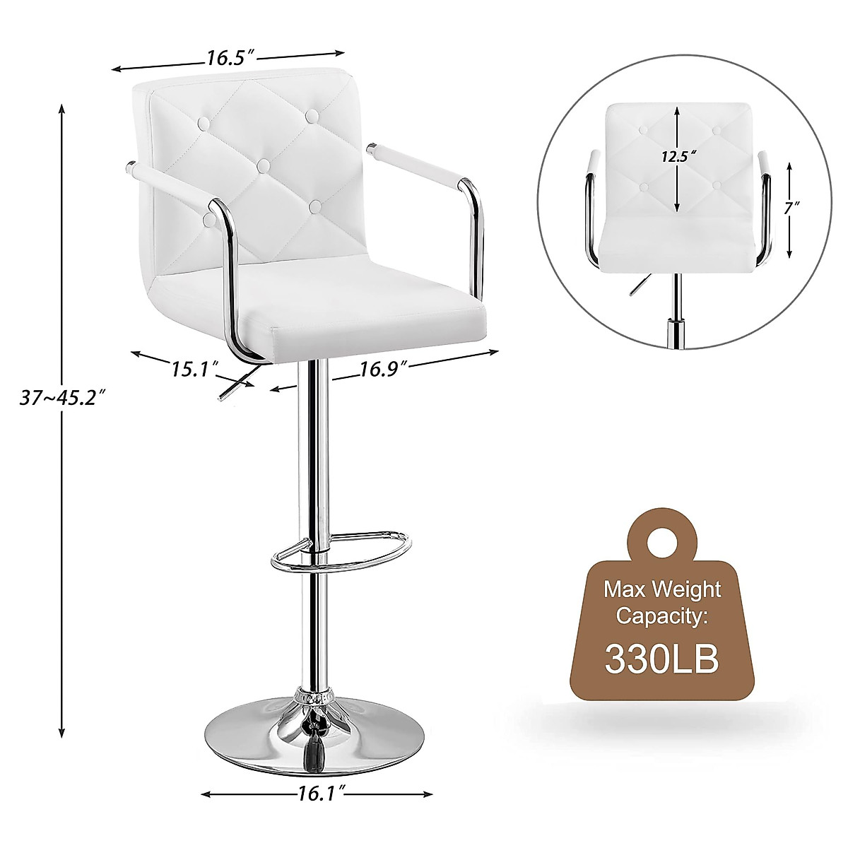 VECELO Bar Stools, Adjustable Bar Stools Set of 4, Counter Height Barstool with Back and Arms, Swivel PU Leather Bar Chairs for Kitchen/Island, White