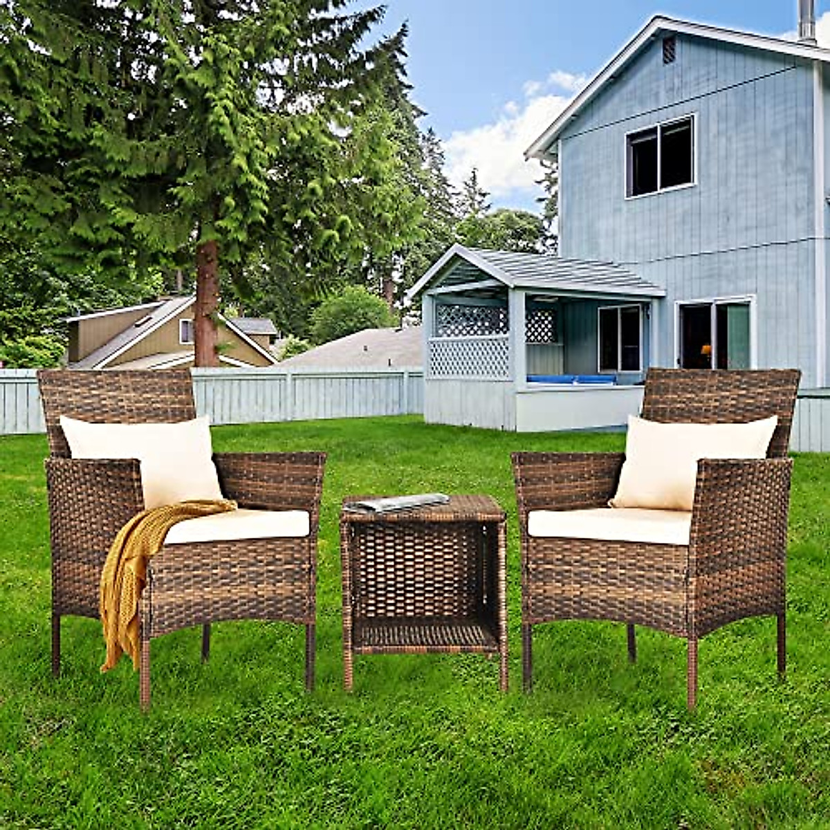 Tappio 3 Pieces Patio Furniture Set Outdoor Bistro Sets All Weather Patio Conversation Sets PE Rattan Wicker Chairs with Cushions and Pillows Beige
