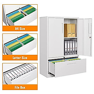 ZAOUS File Cabinet 1 Drawer, Metal File Cabinet with Lock, Lateral Filing Cabinet with Doors & Adjustable Shelves for Home Office, Living Room, Pantry, Gym, Basement, Warehouse, White