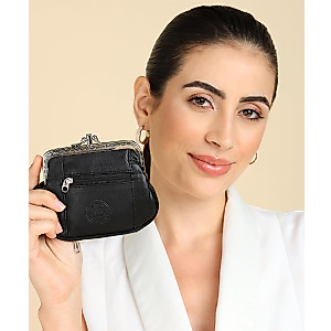 Women's Leather Metal Frame Double Clasp Zipper Coin Purse 5 1/4" x 3 1/4" (Black)