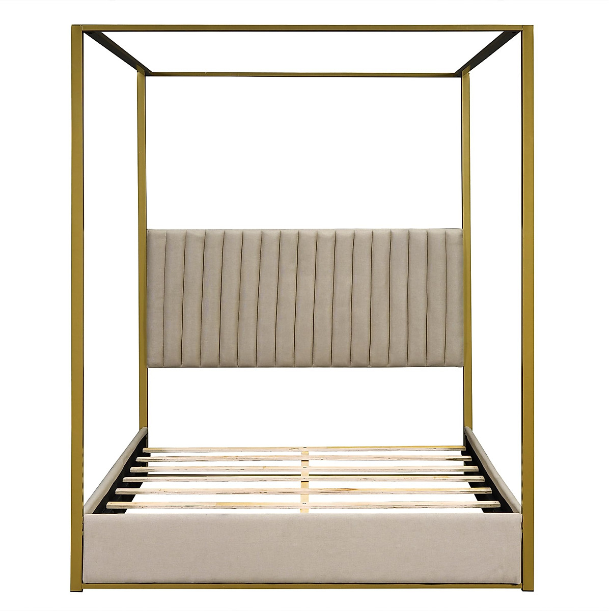 XD Designs Modern 4-Poster Canopy Platform Bed Queen Size with Channel Upholstery Tufted Headboard, Gold Metal Canopied Design Platform Bed Frame with Strong Slats Support (Beige+U)