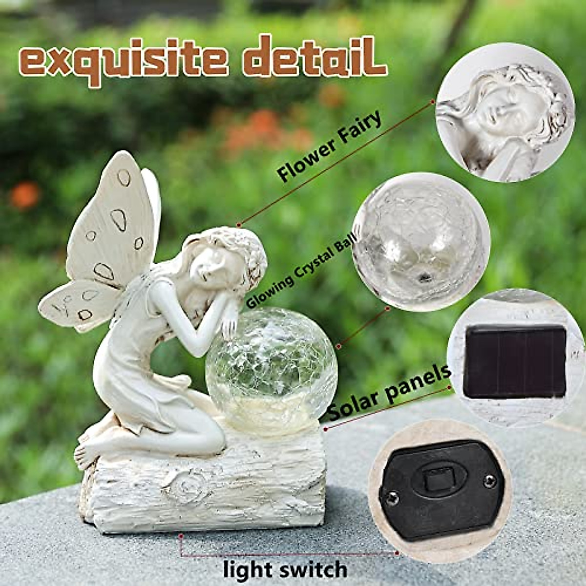 invvni Garden Fairy Statue, Outdoor Yard Decor with Solar Powered Lights, Angel Statues & Sculptures with Crackle Glass Globe for Lawn Patio Garden Decorations