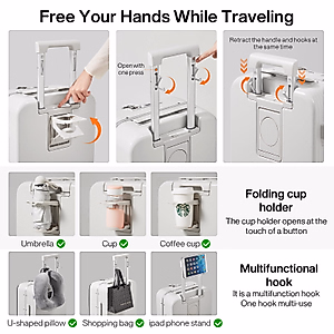 mixi Carry On Luggage with Cup Phone Holder and Charger Hard Shell Suitcases with Spinner Wheels, 20 Inch Smoke White