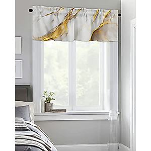 Yun Nist Window Valance Curtain Abstract White Marble Gold Stripe Valances for Kitchen Windows,Modern Geometry Art Rod Pocket Short Curtains for Bedroom,Bathroom,Living Room 60x18Inch