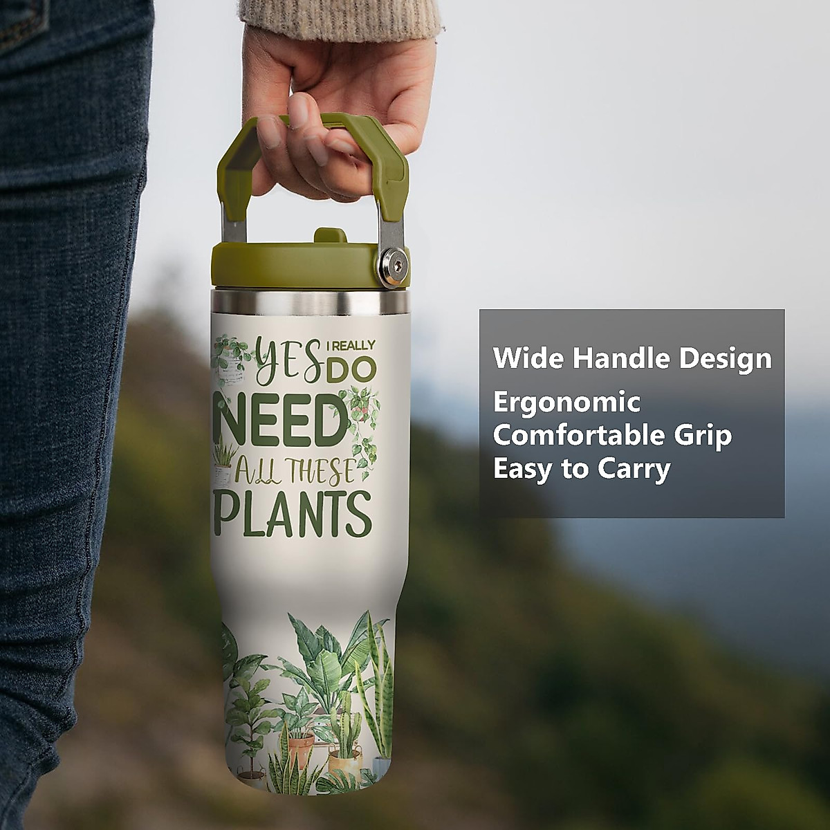 30oz Plant Tumbler with Handle and Straw, Green Plant Stainless Steel Vacuum Insulated Flip Straw Coffee Cups Spill Proof Travel Mug, Plant Gifts for Plant Lovers Gardeners, Gardening Gifts for Women