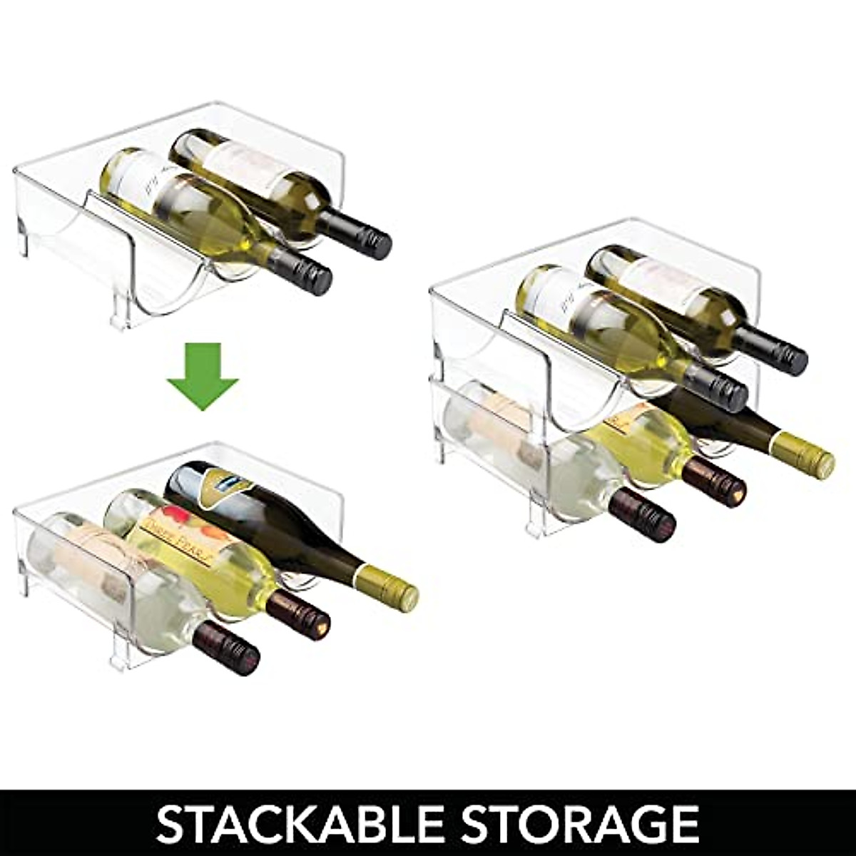 mDesign Stackable Plastic 3 Bottle Refrigerator Wine Rack - Kitchen Storage Organizer Holder for Champagne, Wine or Water Bottles - Stacking Wine Bottle Organizer for Fridge - Ligne Collection - Clear