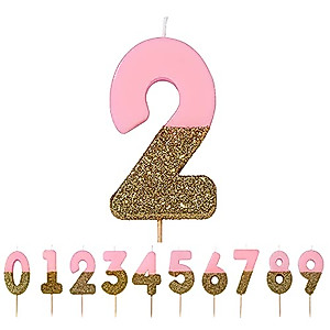 Talking Tables Pink Number 2 Candle with Gold Glitter Premium Quality Cake Topper Decoration for Kids, Adults, 21st Birthday Party, Anniversary, Milestone Age, Height 8cm, 3", PINK2