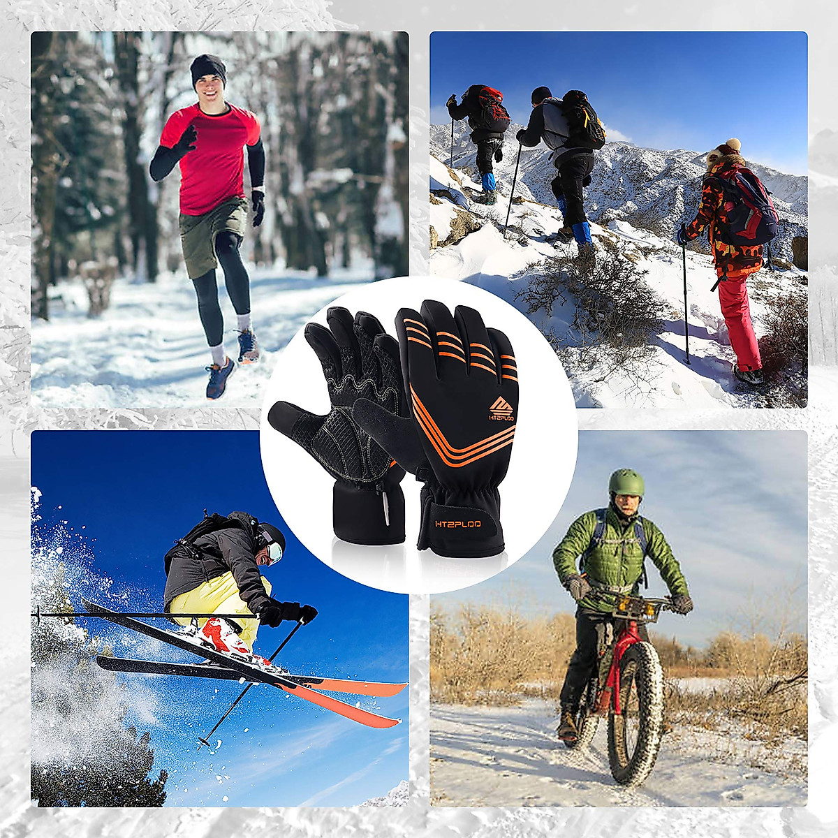 HTZPLOO Winter Bike Gloves Cycling Gloves for Men Waterproof&Windproof Biking Gloves Anti-Slip Shock-Absorbing Full Finger Flexible Bicycle Gloves (Orange-Full Finger, Large)