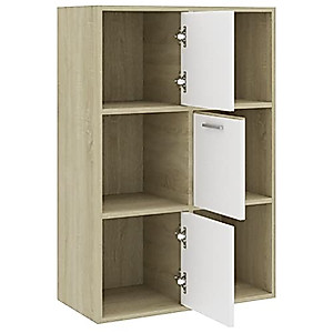 GOLINPEILO Bookcase Storage Organizer Cabinet with 3 Open Cubes and 3 Cubes with Doors, Open Sideboard Bookshelf, Modern Storage Display Cabinet, 23.6"x11.6"x35.4", White and Sonoma Oak