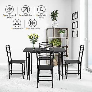 Giantex 5 PCS Dining Table Set 4 Person, Modern Kitchen Table and 4 Chairs, Wooden Top and Metal Legs, Home Dining Room Breakfast Furniture Rectangular Table, Black