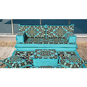 Turquoise Arabic Living Room, Moroccan Home Decor, Floor Cushion, Arabic Floor Couch, Turkish Floor Sofa, Ethnic Sofa, Arabic Sofa Seating (Sofa Full Set)